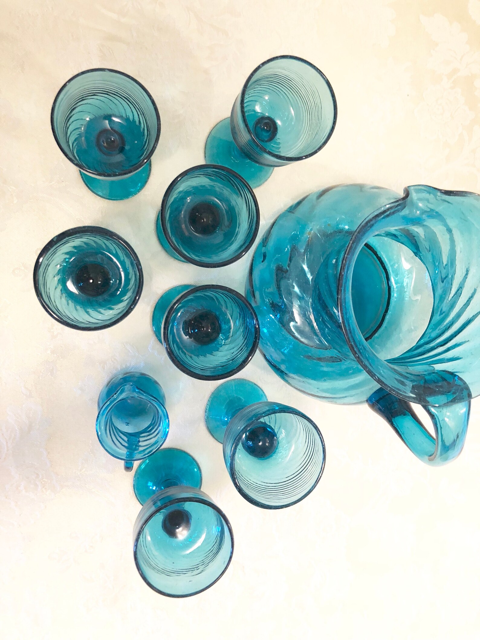 9 Handblown Turquoise Glass Pitcher and Glasses. 7 Goblet | Etsy