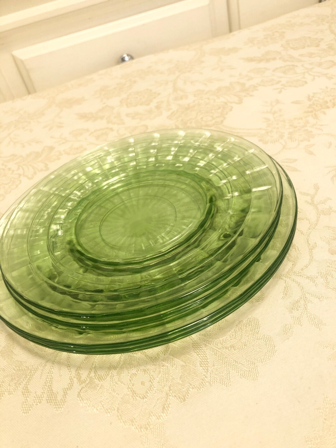 4 Piece Green Glass Dishes Square Design Really 30s 40s Glass Dinner ...