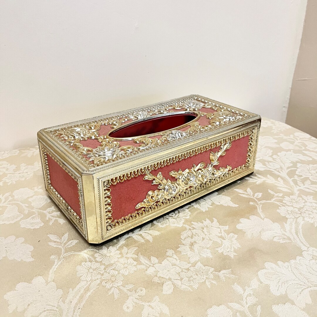 Mid Century Gold Tissue Holder Beautiful Flowers and Leaves Decorating ...