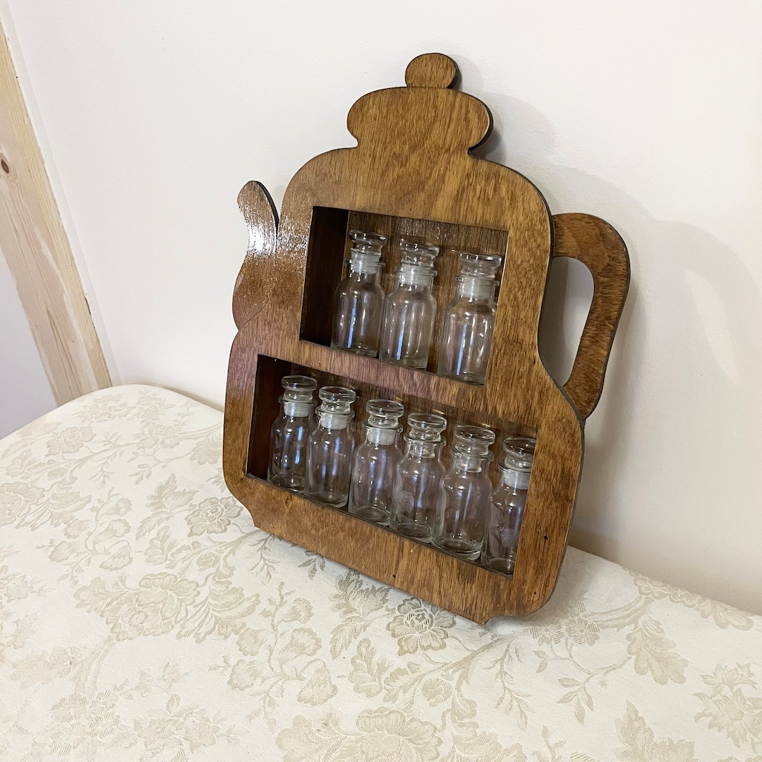 Primitive Teapot Spice Rack Wooden Rack With Glass Spice Jars Hanging ...