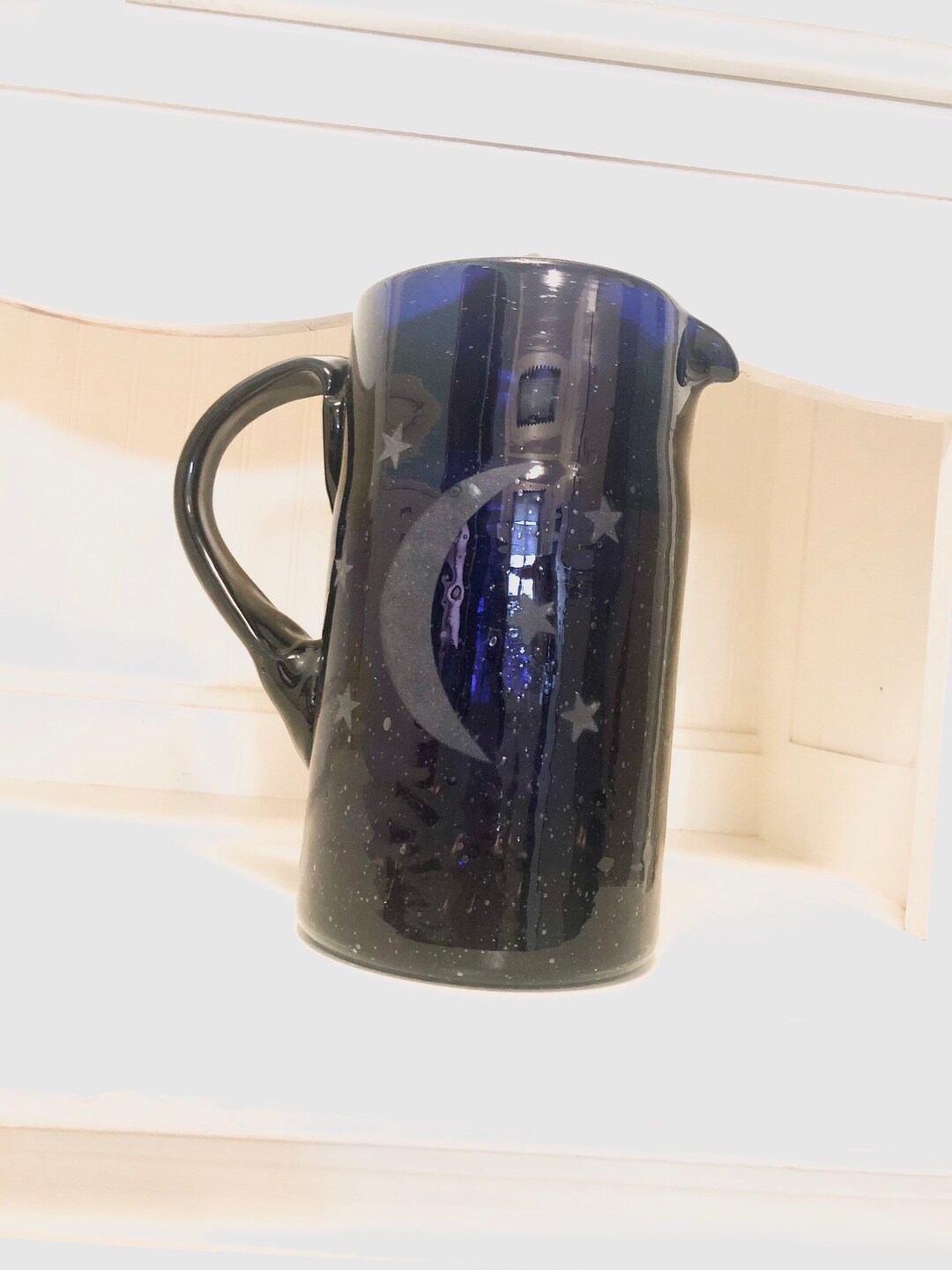 Sun, Moon and Stars Hand Blown Cobalt Pitcher Thick Body and Handle ...