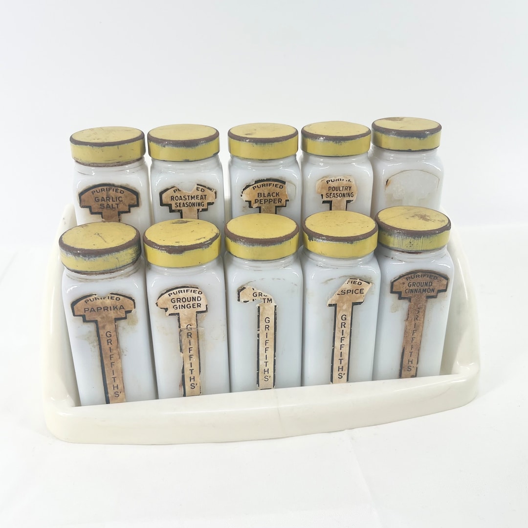 Primitive 1940s Griffiths Spice Rack 10 Milk Glass Jars Metal Lids ...