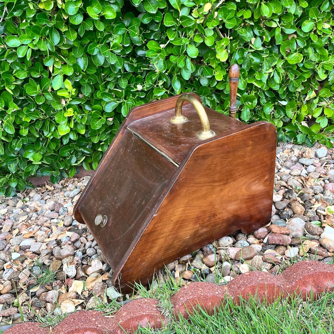 Antique 1920s Wood Coal Box and Brass Shovel Fireplace Coal Scuttle Bin ...