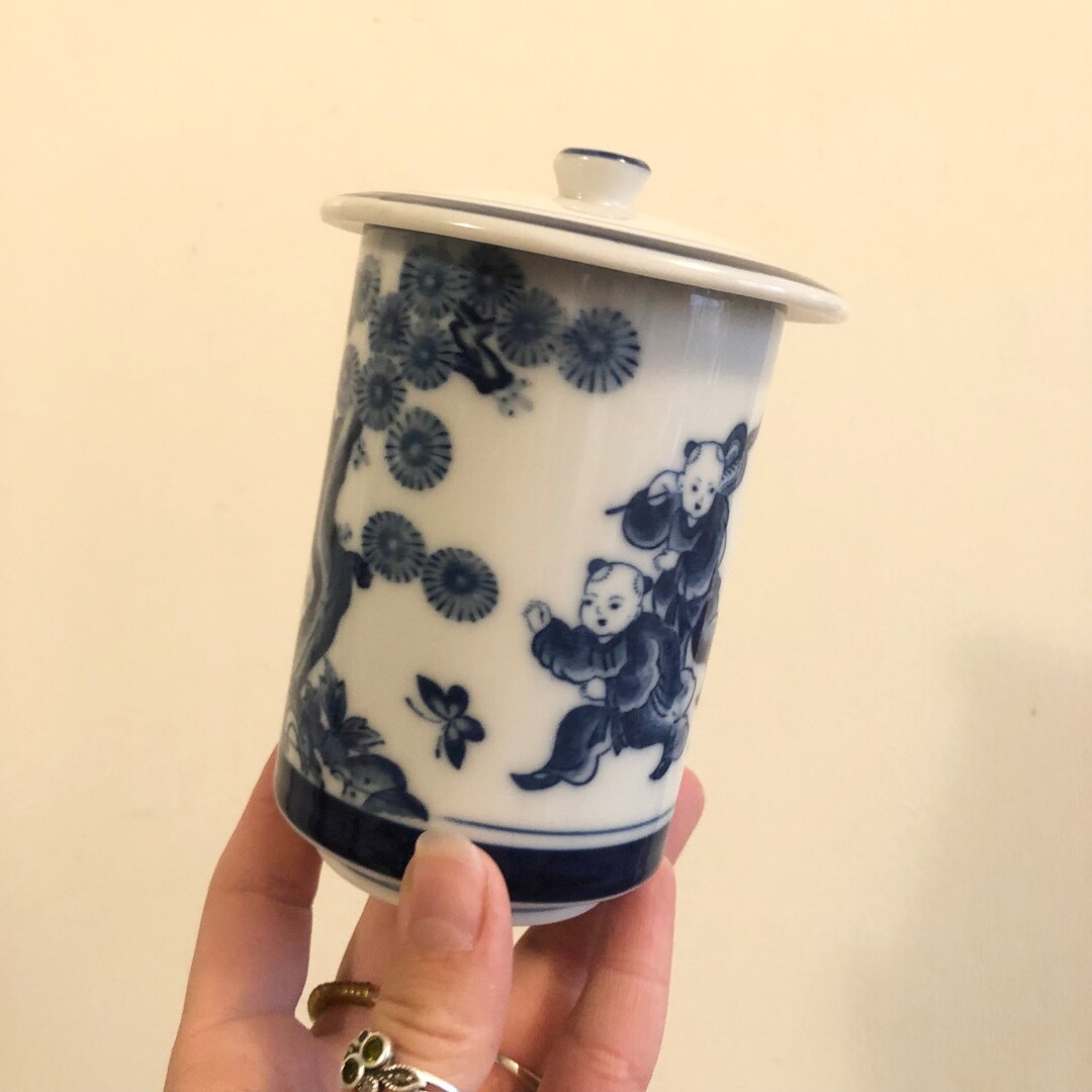 Vintage Ginger Jar or Tea Caddy Celadon Blue & White Hand Painted Blue ...