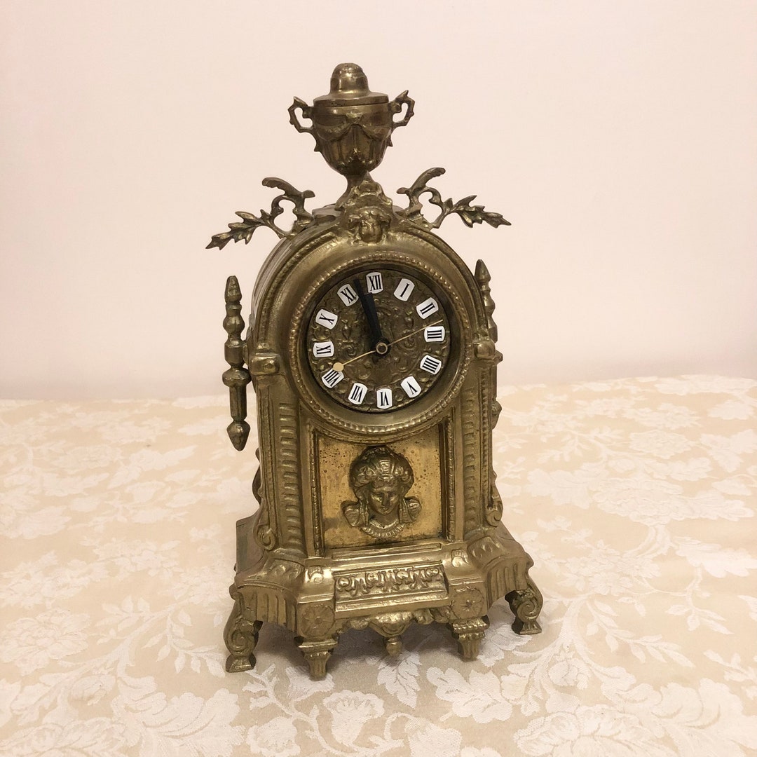 Antique Brass Heavy Cast Mantle Clock Gothic Bronze With Face on Front ...