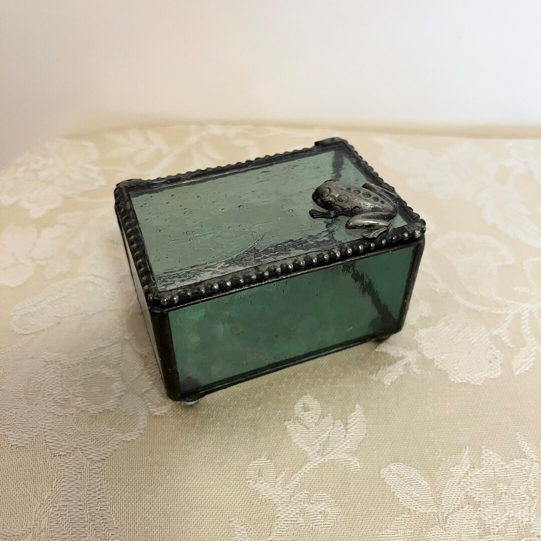 Frog Green Glass Trinket Box With Frog on Top to Hold Small Jewelry and ...