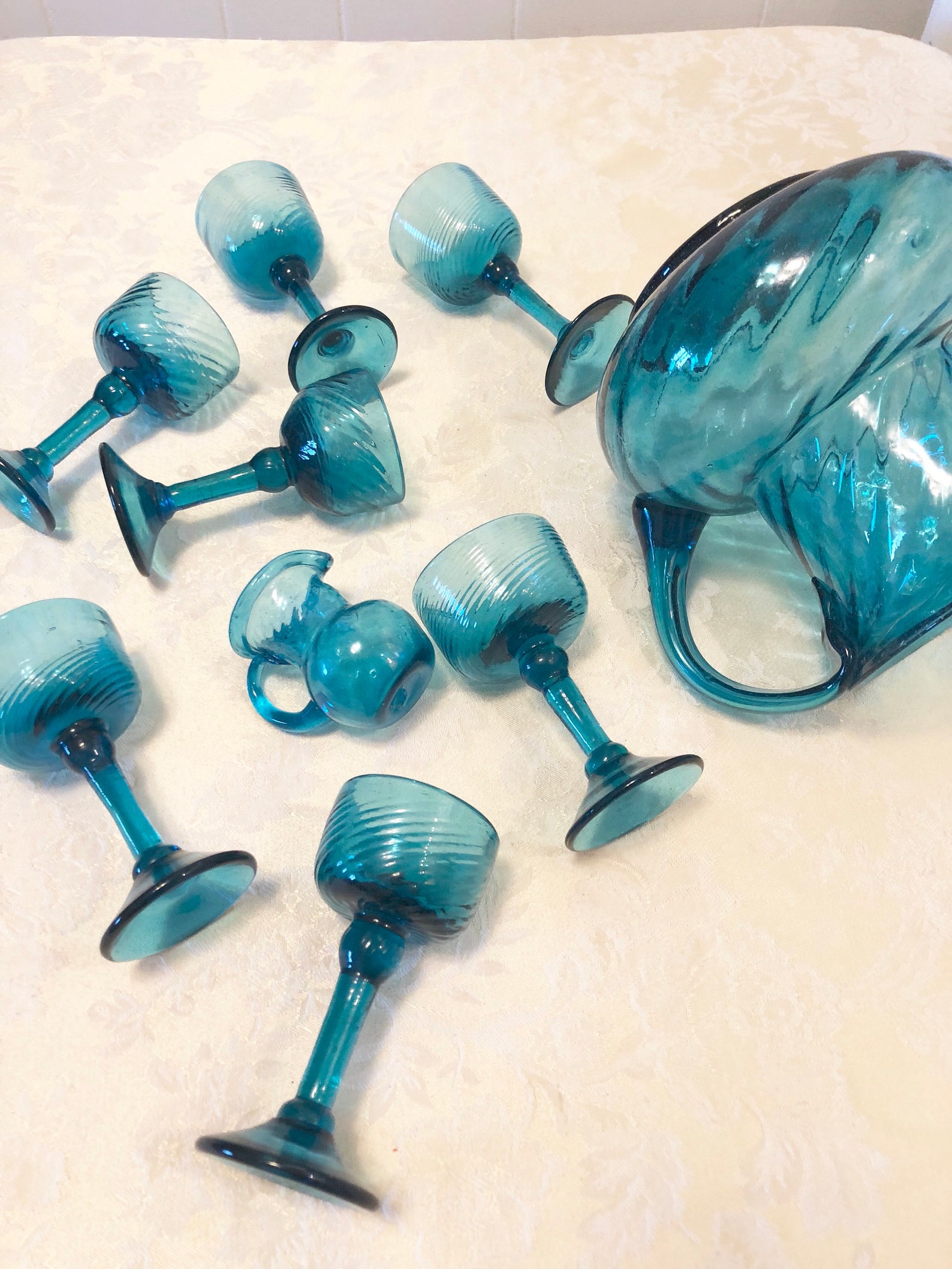9 Handblown Turquoise Glass Pitcher and Glasses. 7 Goblet | Etsy