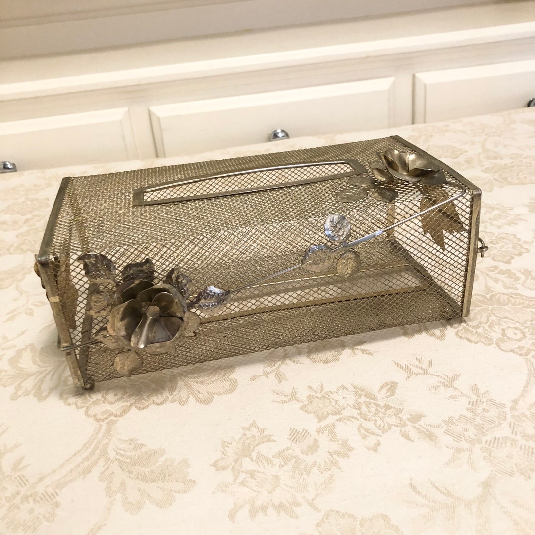 Mid Century Gold Tissue Holder Beautiful Flowers and Leaves Decorating ...