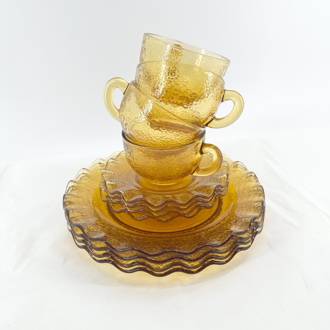 Ruffled Glass Luncheon Set Honey Amber Glass Cups and Plates Set ...