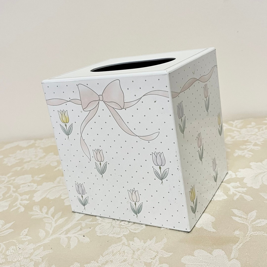 Tulip Tissue Box Cover Tissue White Polka Dot With Pink Bow and Tulips ...