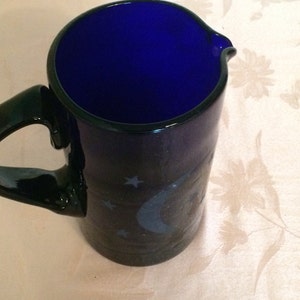 Sun, Moon and Stars Hand Blown Cobalt Pitcher Thick Body and Handle ...