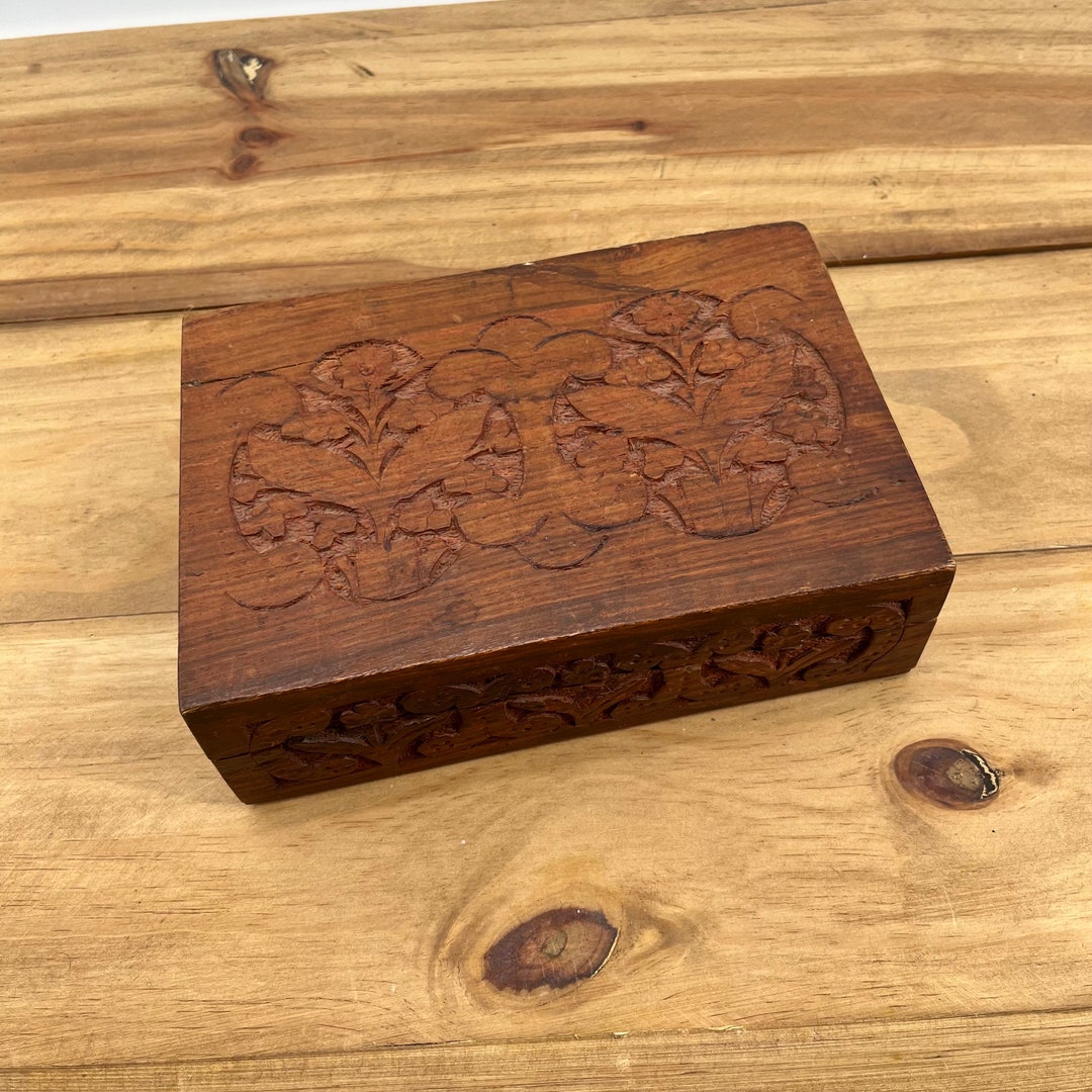 Antique Hand Carved Wooden Chest Dark Stain With Flower Design With ...