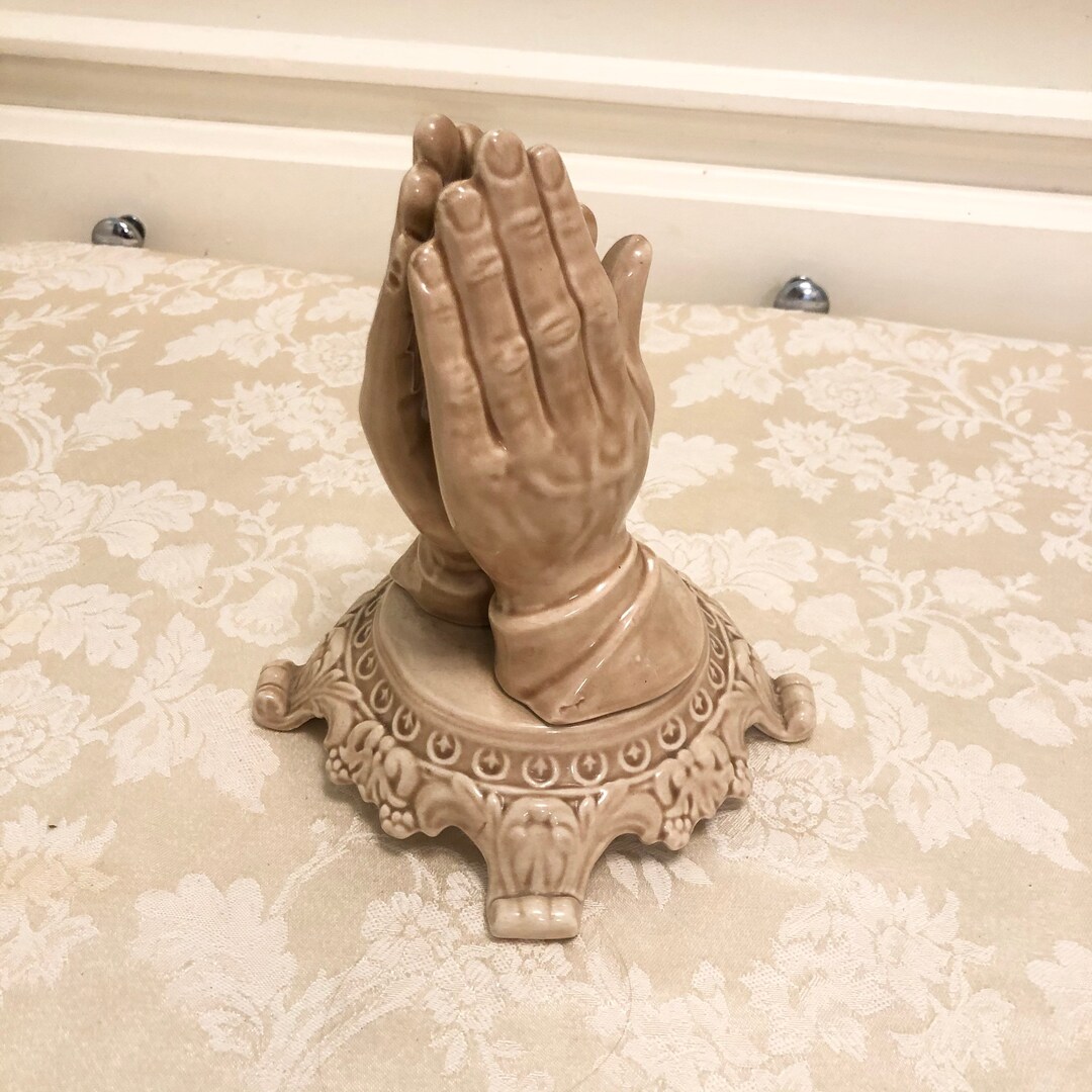 Vintage Porcelain Prayer Hands on Pedestal Religious Decor on Dark Tone ...