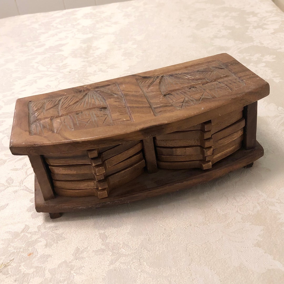 12 Wood and Cork Enclosed Case Coasters in Old Wooden Box Slide Out ...
