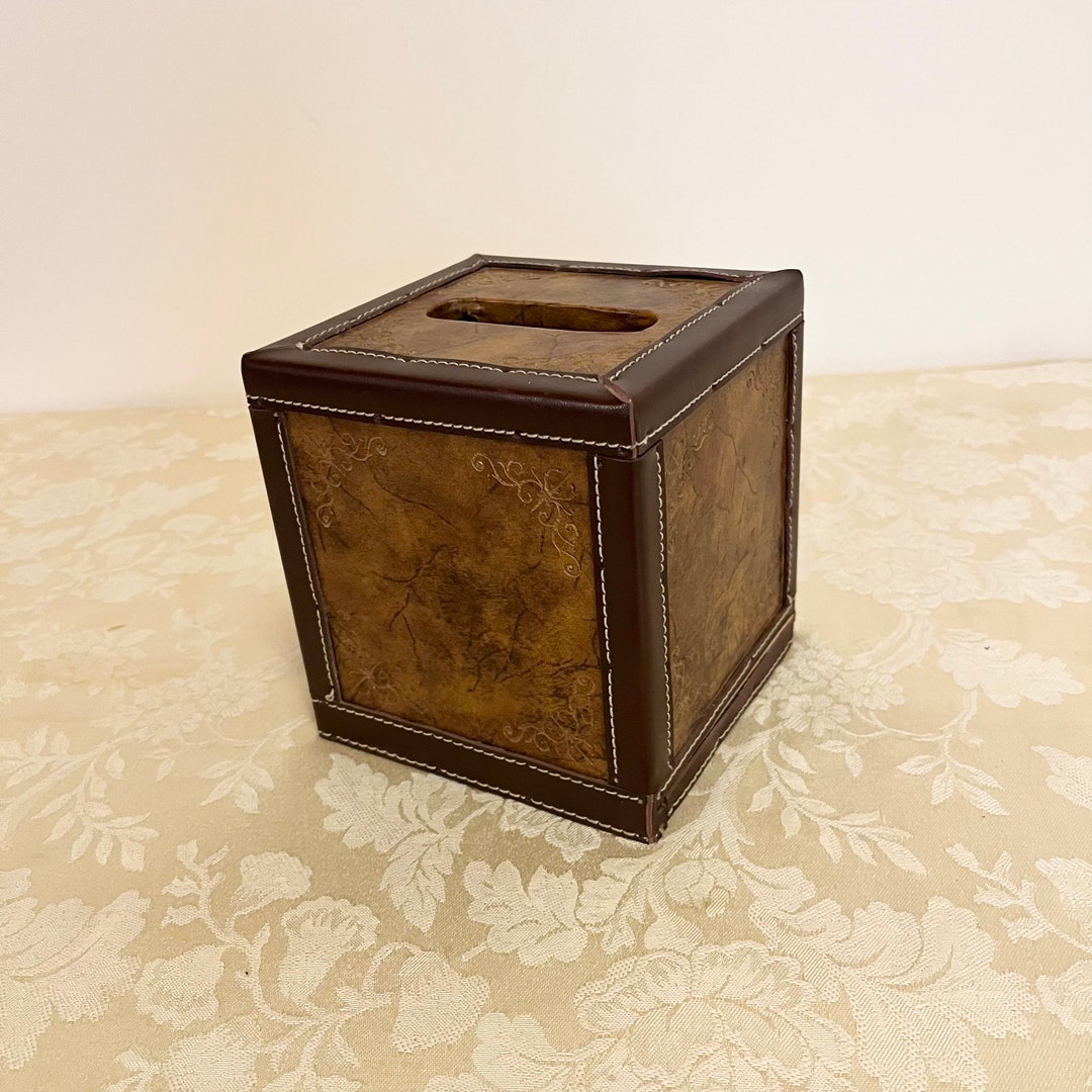 Natural Tone Vinyl Tissue Storage Box Brown Leather Look Decor Tissue ...