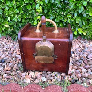Antique 1920s Wood Coal Box and Brass Shovel Fireplace Coal Scuttle Bin ...