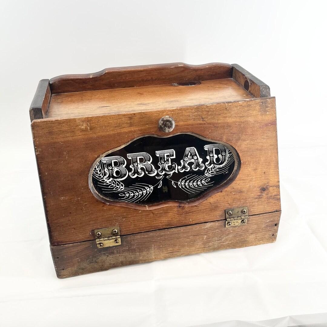 Rare Wooden Bread Box With Glass Detail in Center Reads Bread Wheat ...