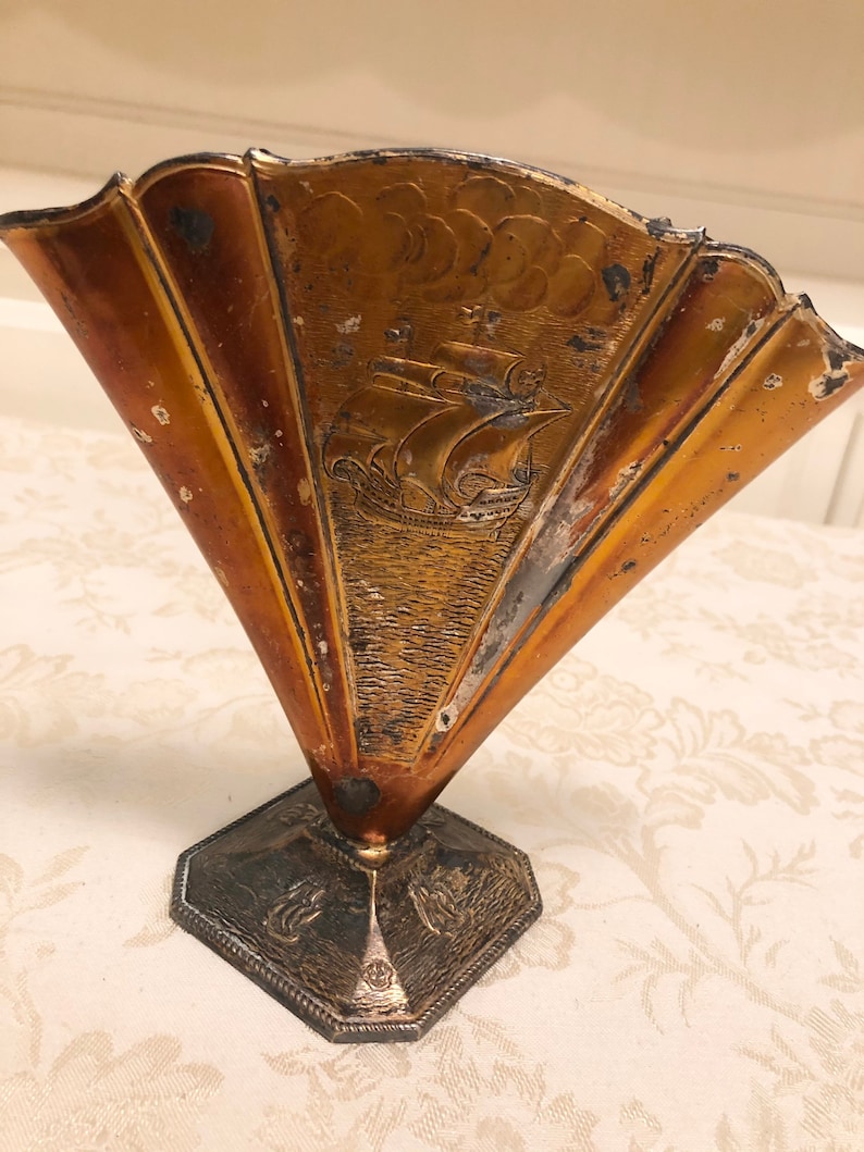 Ornate Metal Fan Vase With Tempered Copper Plated Top Silver Tempered ...
