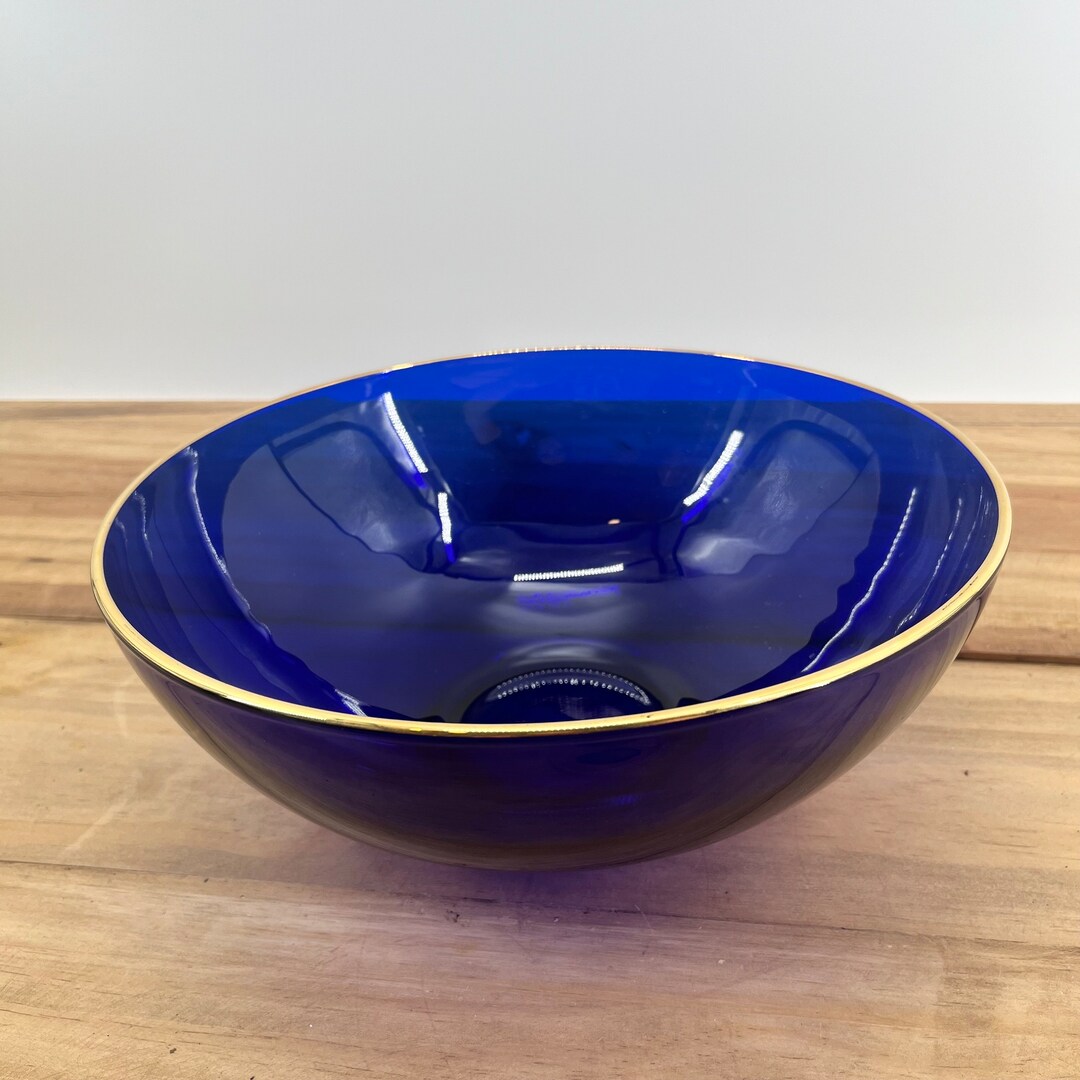 Cobalt Glass Bowl With Gold Rim Large Serving Bowl Elegant Decoration ...
