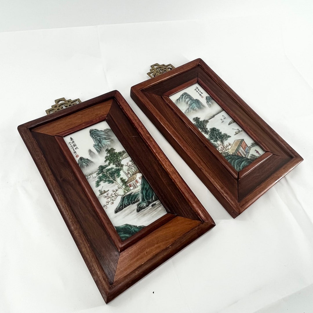 2 Japanese Cherry Framed Porcelain Frames Wall Designs Art Full Scene ...