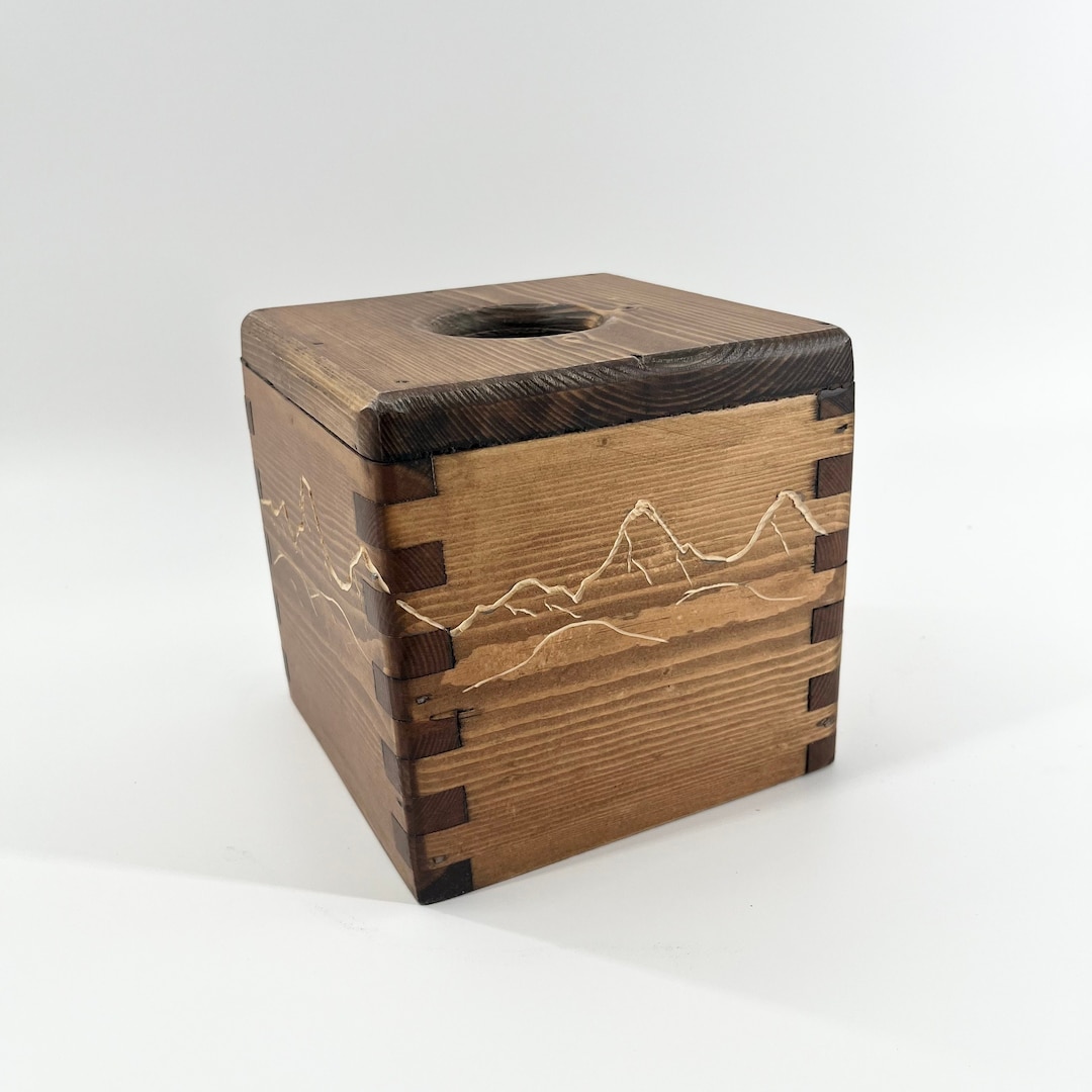 Solid Wood Tissue Box Cover With Mountain Carved Designs Hidden Room ...