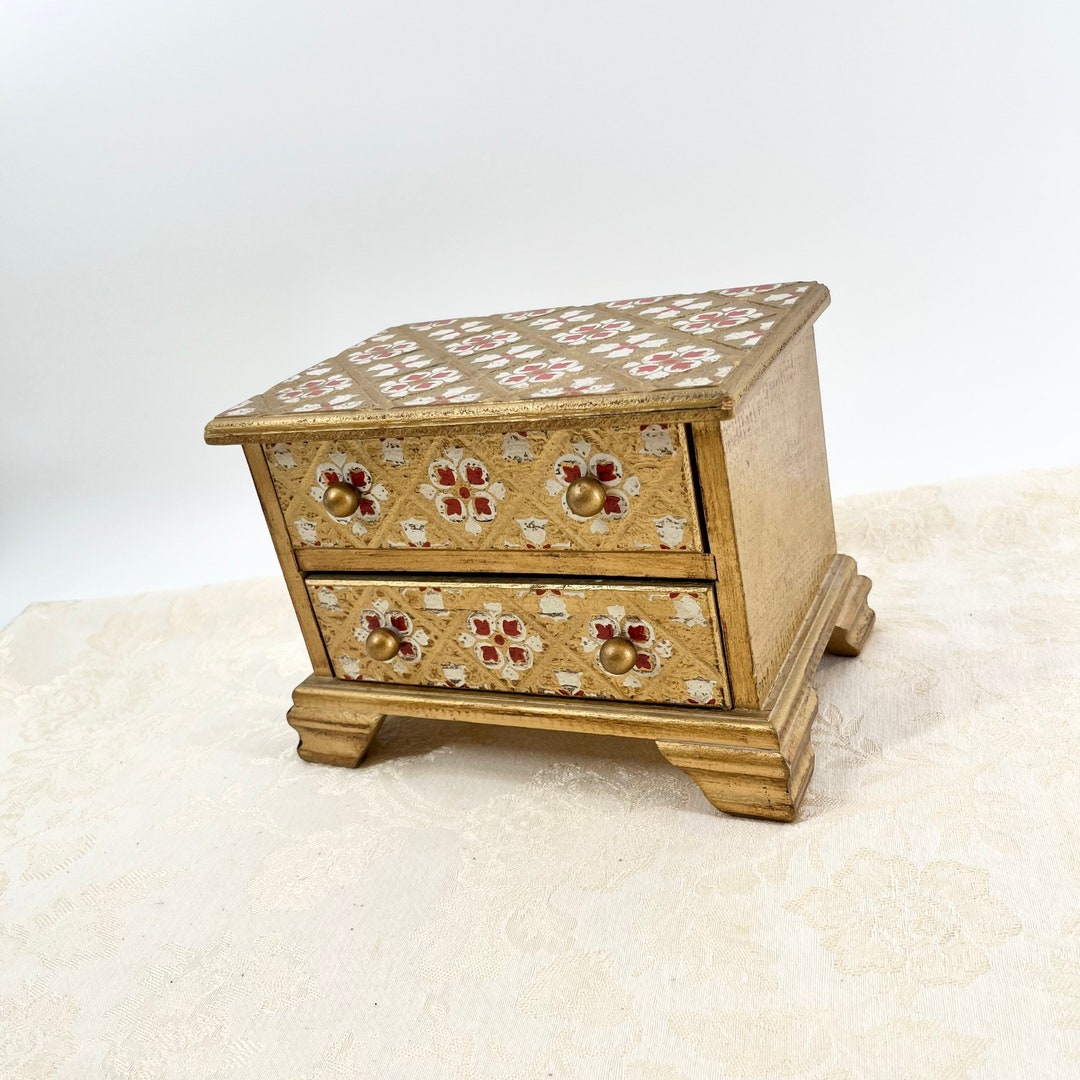 Gold Tone Japan Jewelry Box Gold Music Box With Bright 60s Red Lining ...