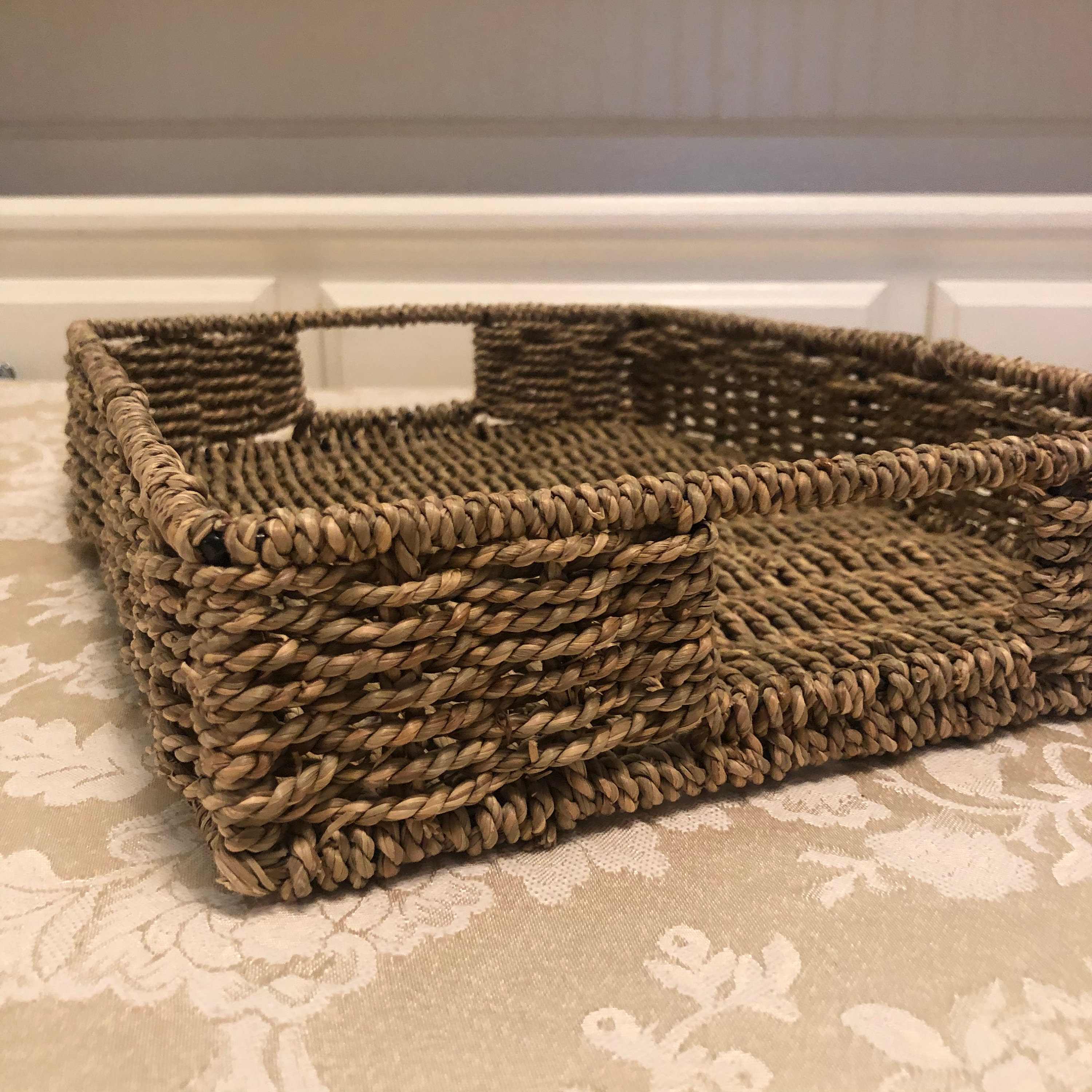 Farm House Flat Tray Basket With Metal Detail Edge And Handle | Etsy