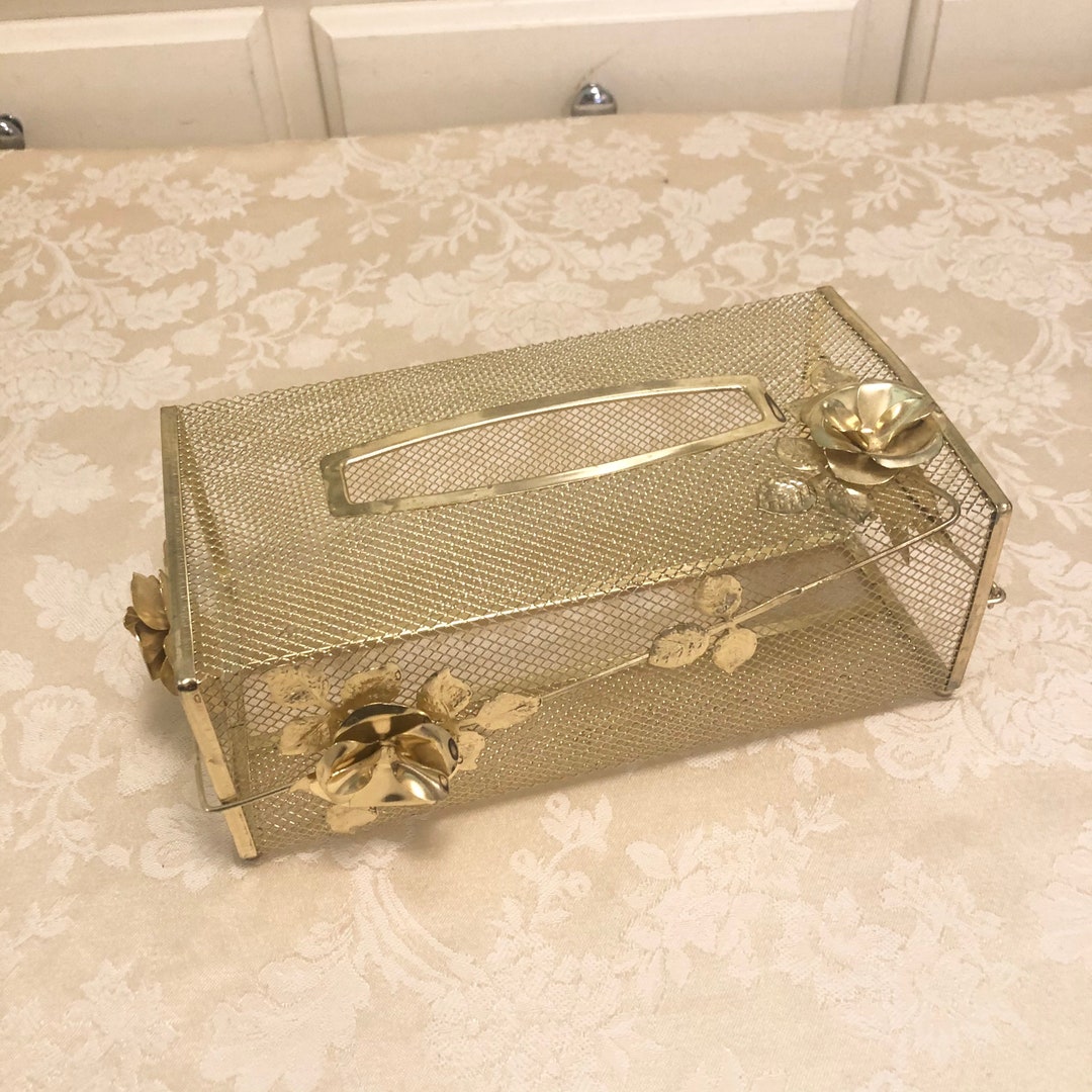 Mid Century Gold Tissue Holder Beautiful Flowers and Leaves Decorating ...