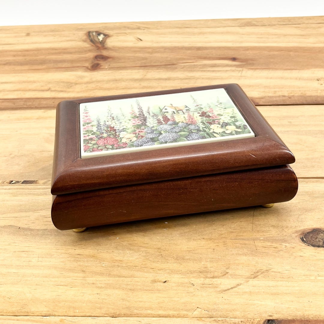 Music Box With Elegant Home in Flower Garden Wooden Box and Red Lining ...