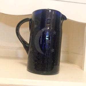 Sun, Moon and Stars Hand Blown Cobalt Pitcher Thick Body and Handle ...