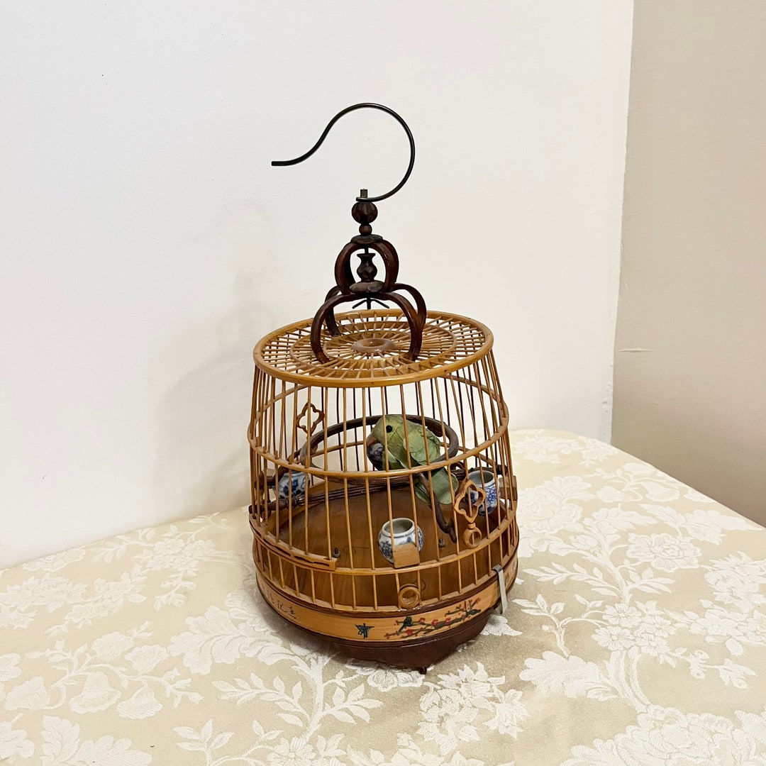 Antique Bamboo Hanging Bird Cage With Japanese Pottery Feeders Bamboo ...