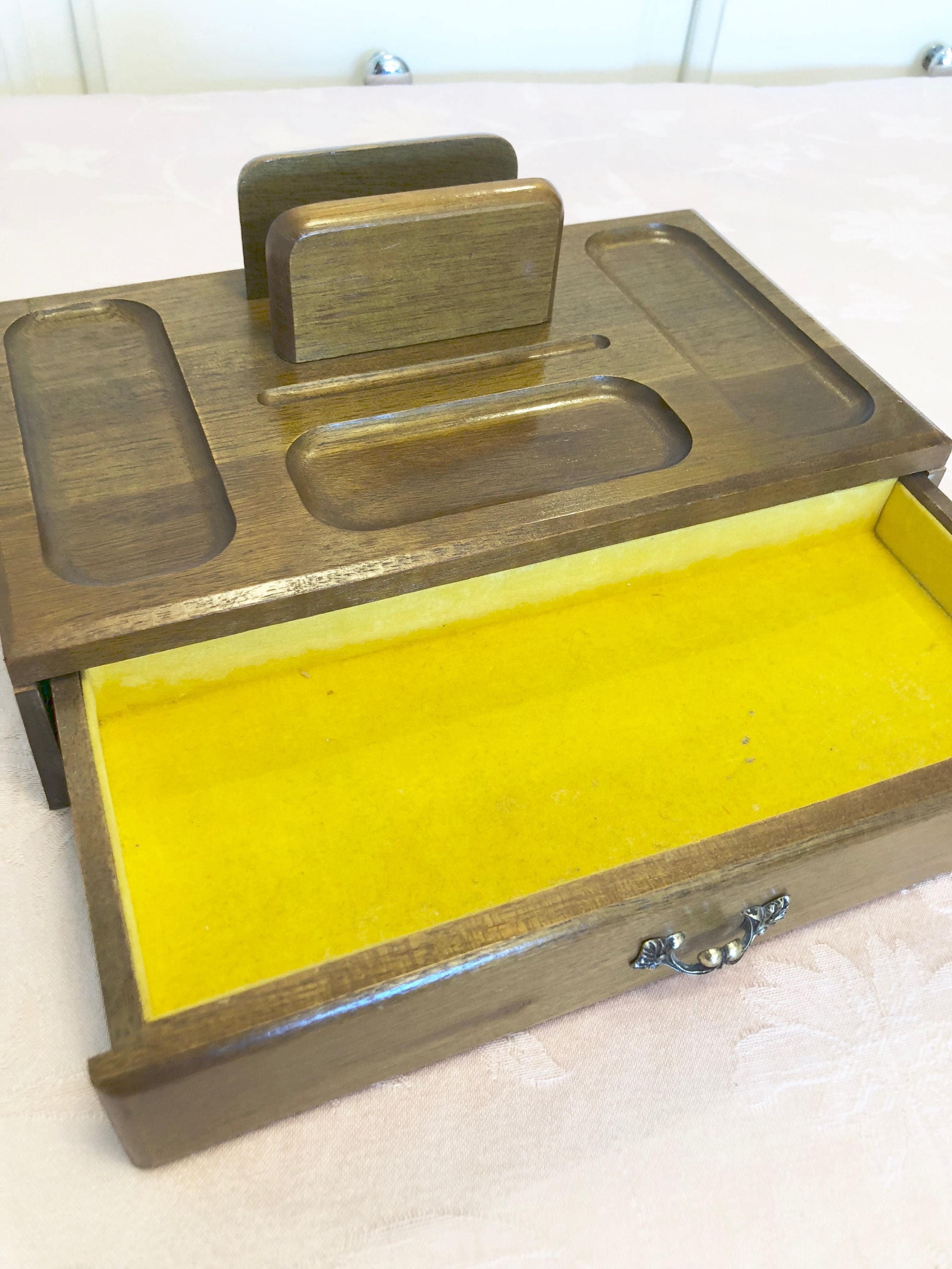 70s Wooden Jewelry Box in Dark Stain With Yellow Linning. This Jewelry ...