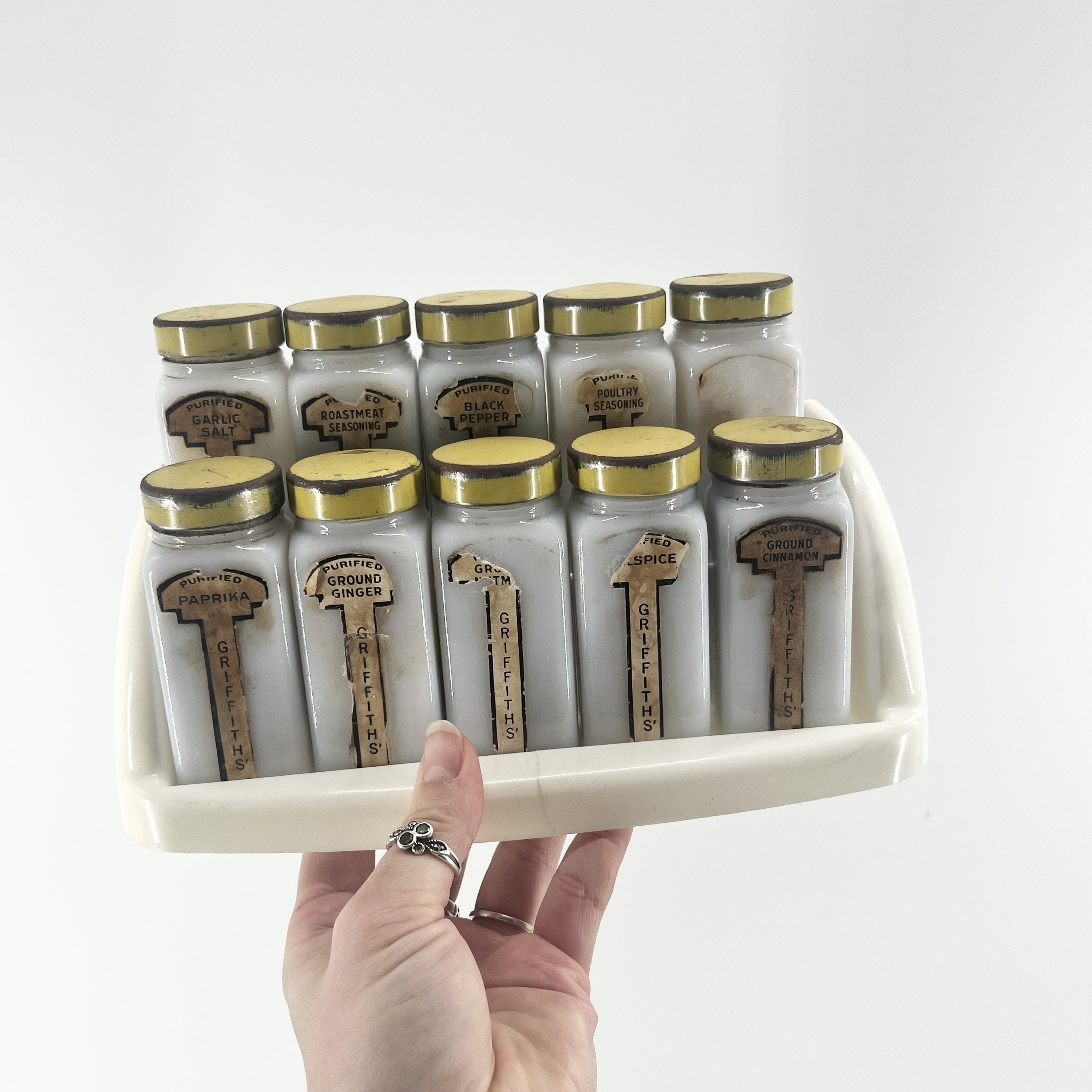 Primitive 1940s Griffiths Spice Rack 10 Milk Glass Jars Metal Lids ...