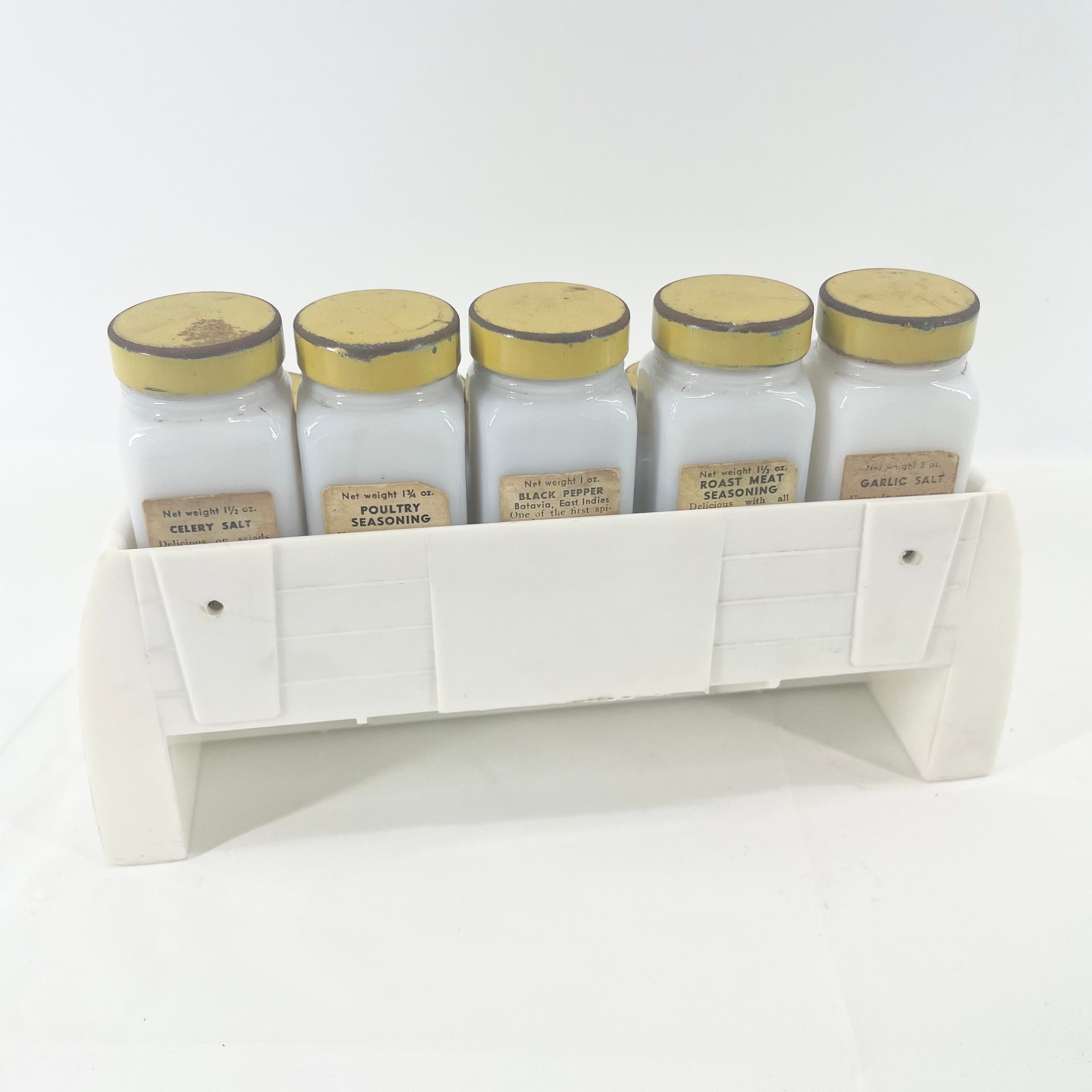 Primitive 1940s Griffiths Spice Rack 10 Milk Glass Jars Metal Lids ...