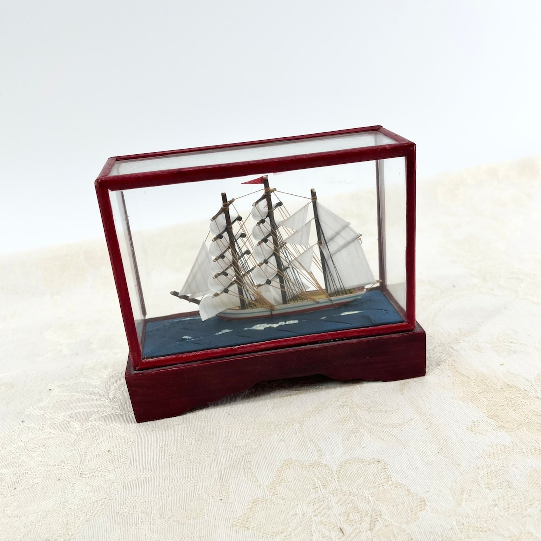 Wooden Sail Ship in Casing Aged Vintage Sails Red Lacquered Casing ...