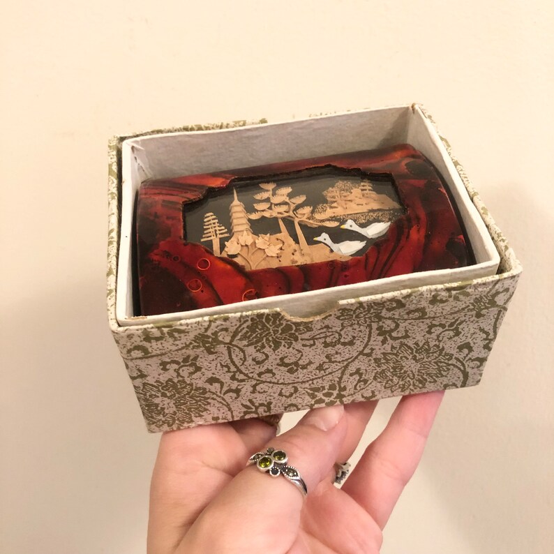 Chinese Village Jewelry Box With Cork Art Asian Lacquered Wooden Box ...