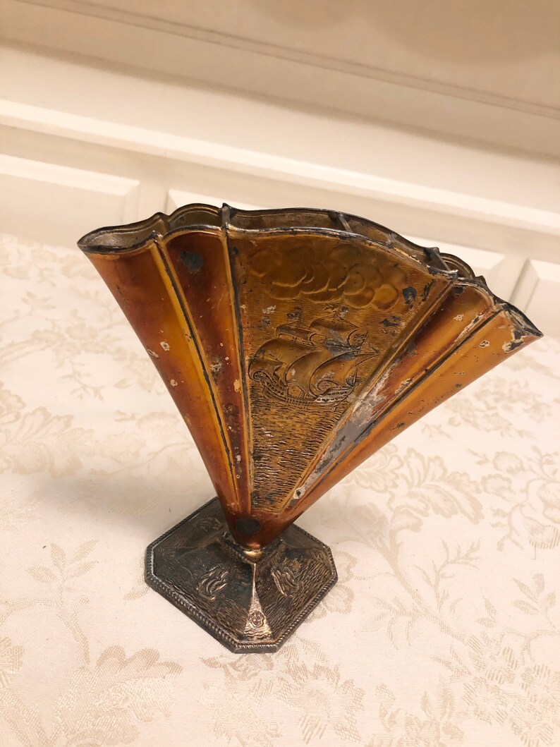 Ornate Metal Fan Vase With Tempered Copper Plated Top Silver Tempered ...