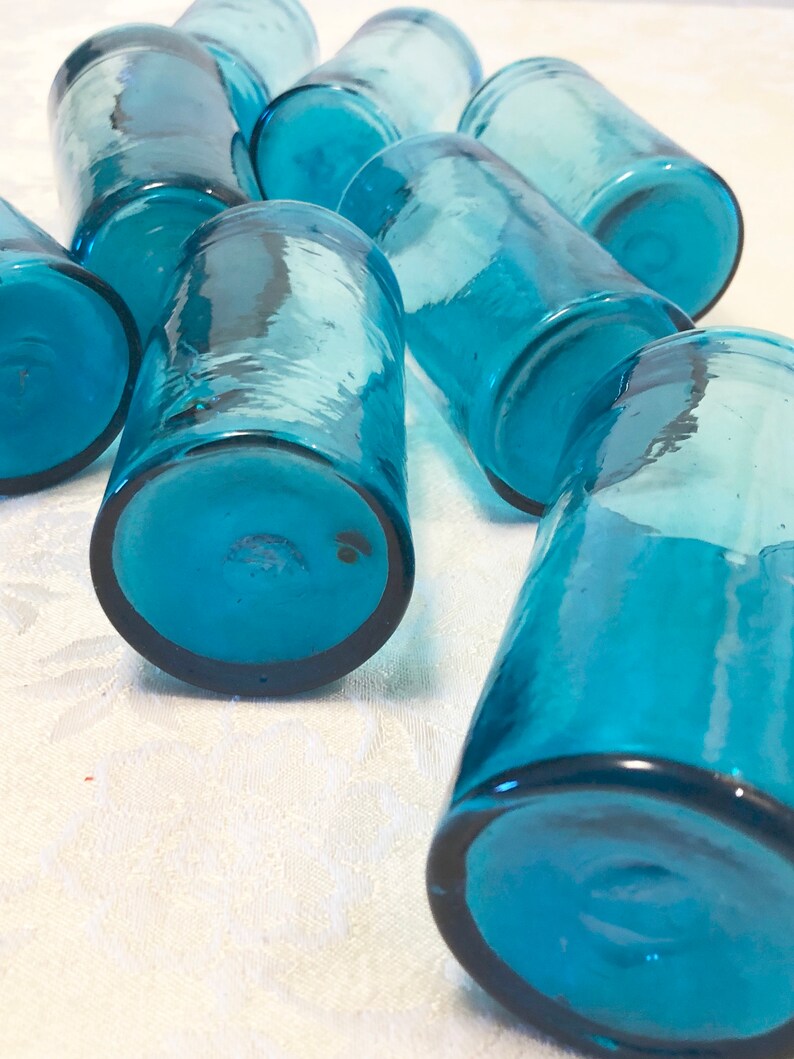 8 Handblown Turquoise Glasses. 8 Glass Tumblers Retro Blue Aqua Glass ...