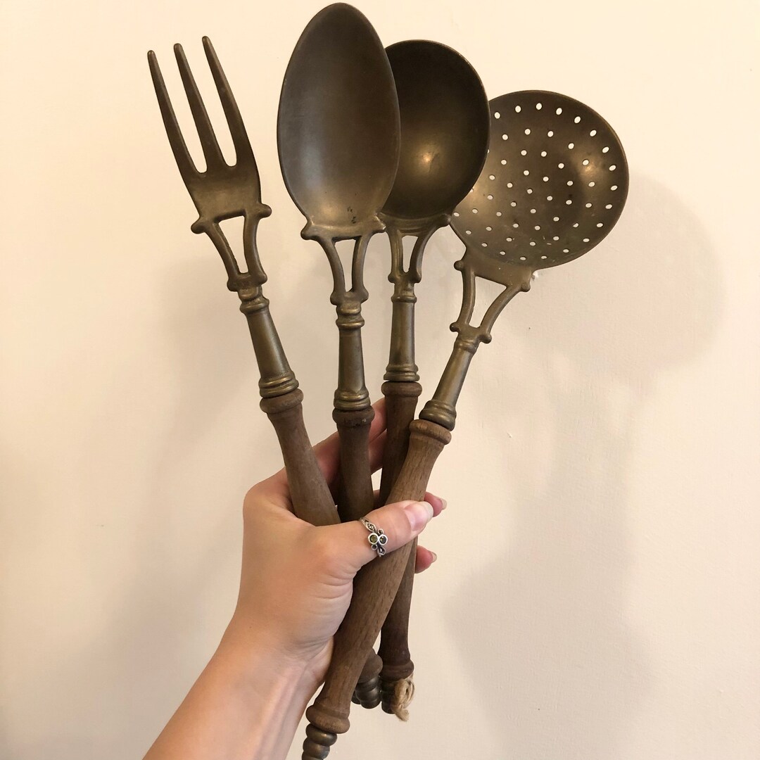 Brass and Wood Cooking Utensils Solid Brass Strainer, Steak Fork, Ladle ...