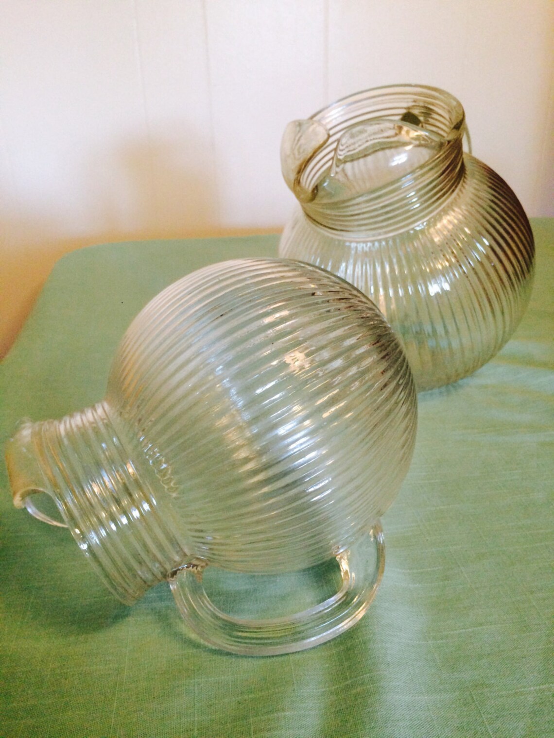 2 Retro Rare Hazel Atlas Clear Glass Striped Designs Elegant Pitcher ...