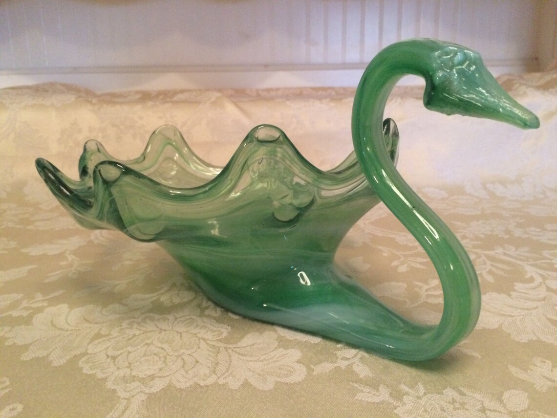 Elegant Blown Glass Swan White and Green Glass Bowls Beautiful - Etsy
