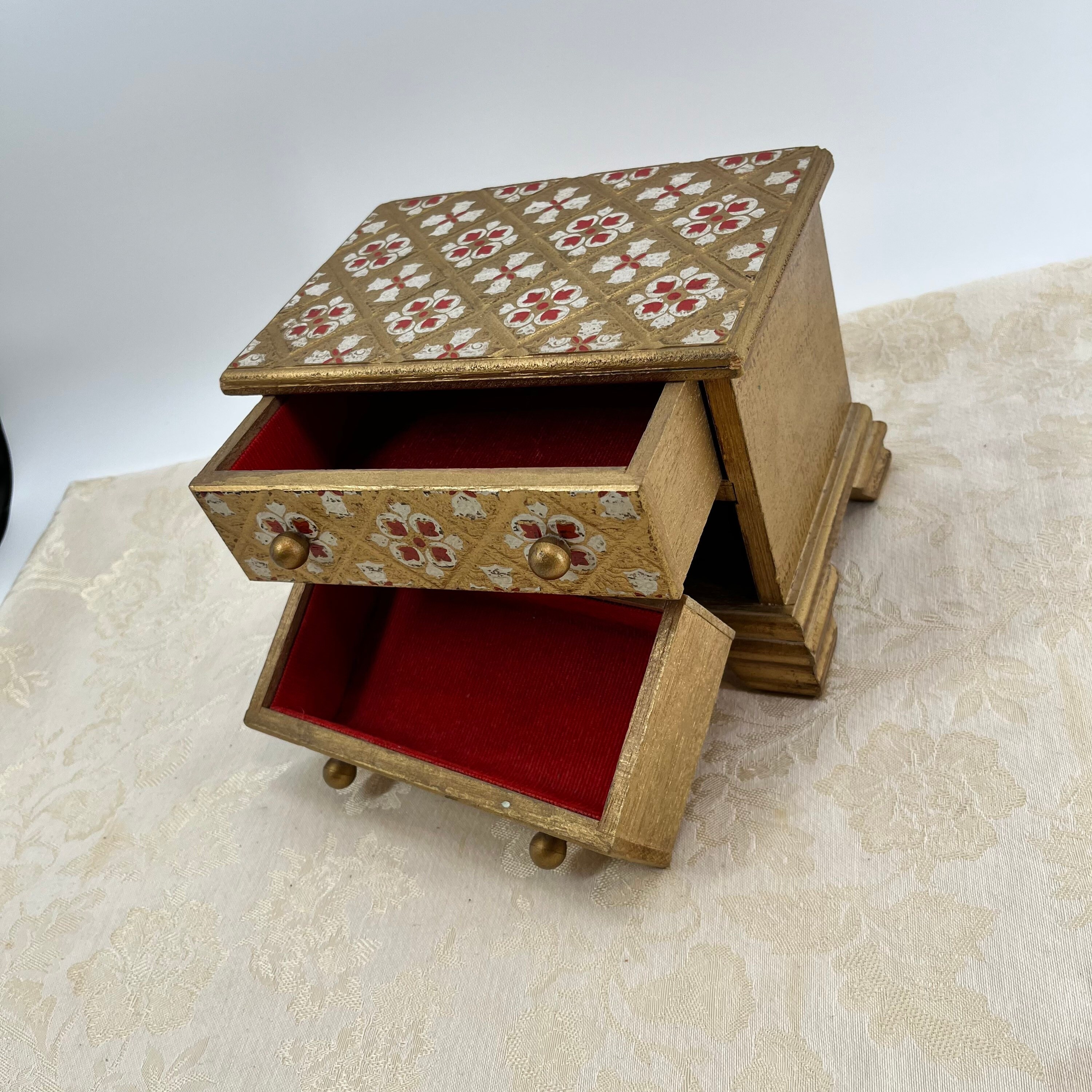 Gold Tone Japan Jewelry Box Gold Music Box With Bright 60s Red Lining ...