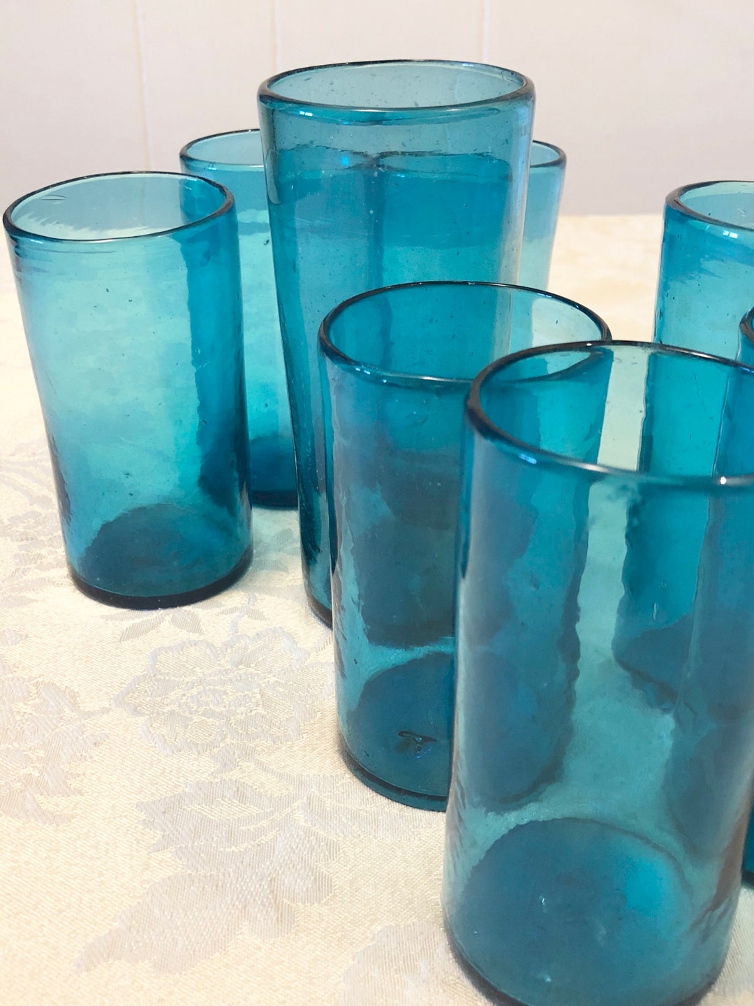 8 Handblown Turquoise Glasses. 8 Glass Tumblers Retro Blue Aqua Glass ...