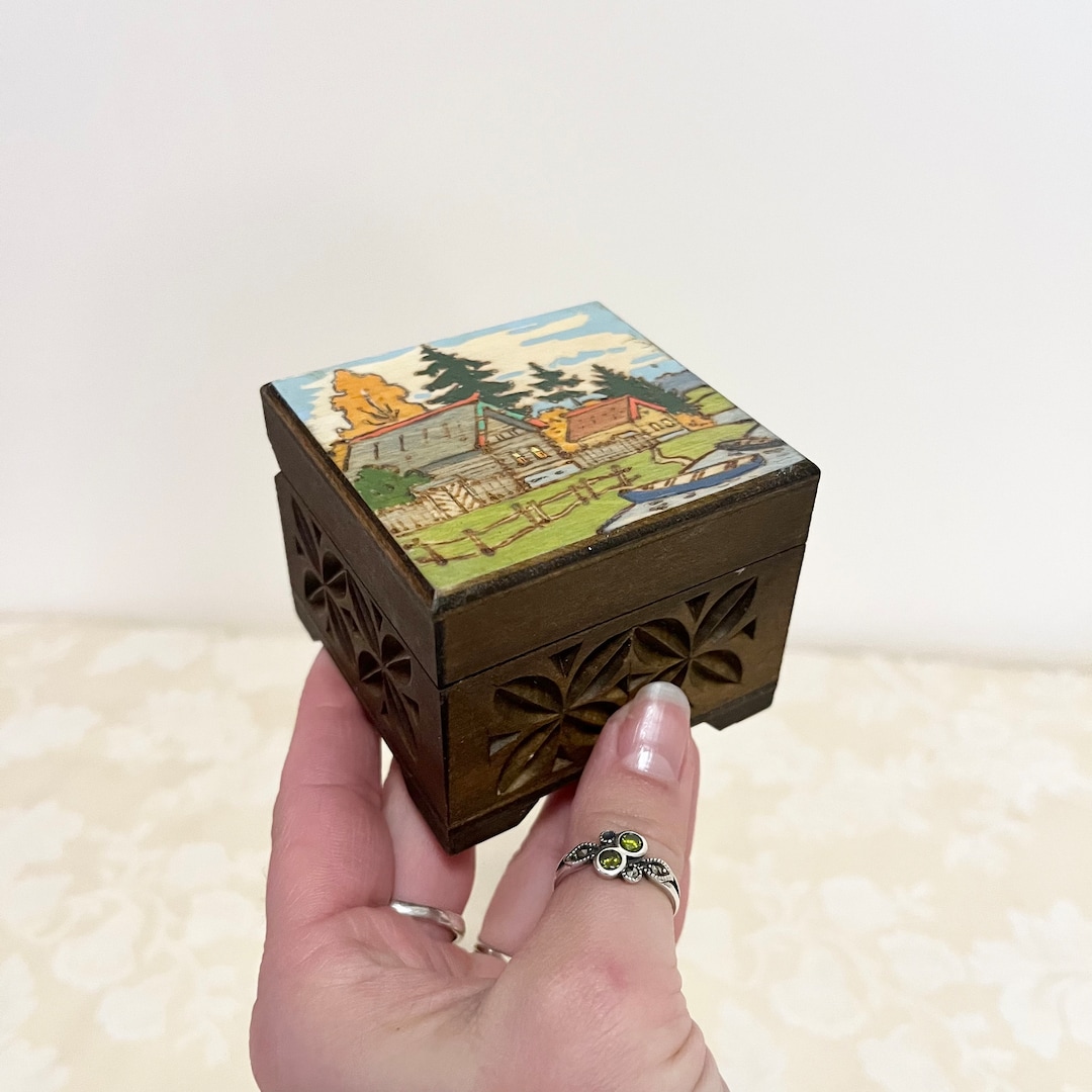 Carved Wood Box Bright Log Cabins and Canoes Carved Chest Small Box for ...