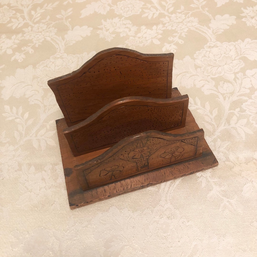Vintage Carved Wooden Mail Organizer Solid Wooden Letter and Pen ...