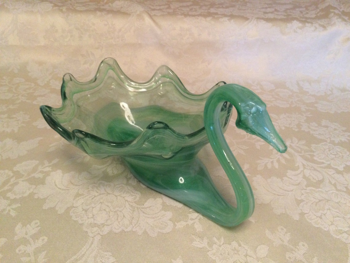 Elegant Blown Glass Swan White and Green Glass Bowls Beautiful - Etsy