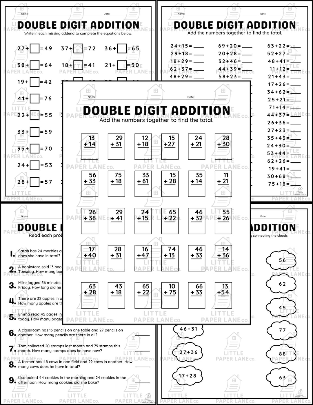 Double Digit Addition Worksheets: Math Word Problems, Matching (digital ...