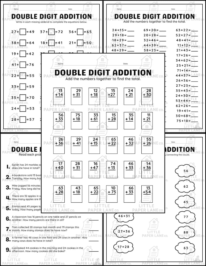 Double Digit Addition Worksheets: Math Word Problems, Matching (digital ...
