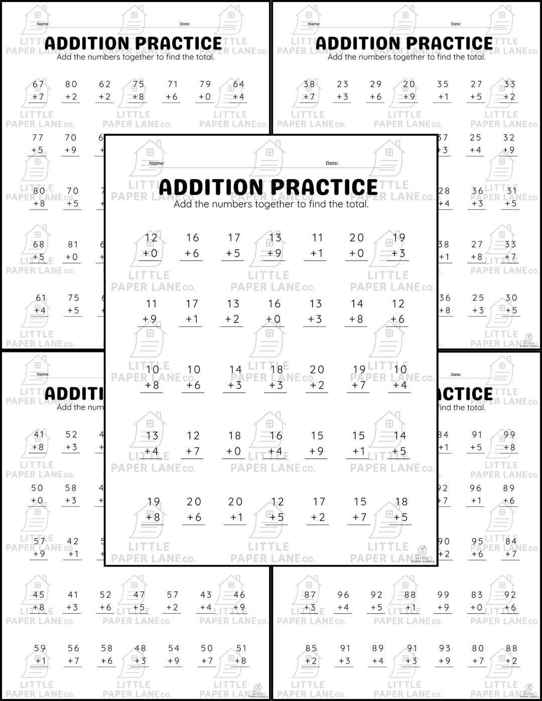 Vertical Addition Worksheets: Number Range Practice, 5-page PDF Bundle ...