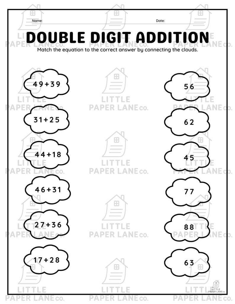 Double Digit Addition Worksheets: Math Word Problems, Matching (digital ...